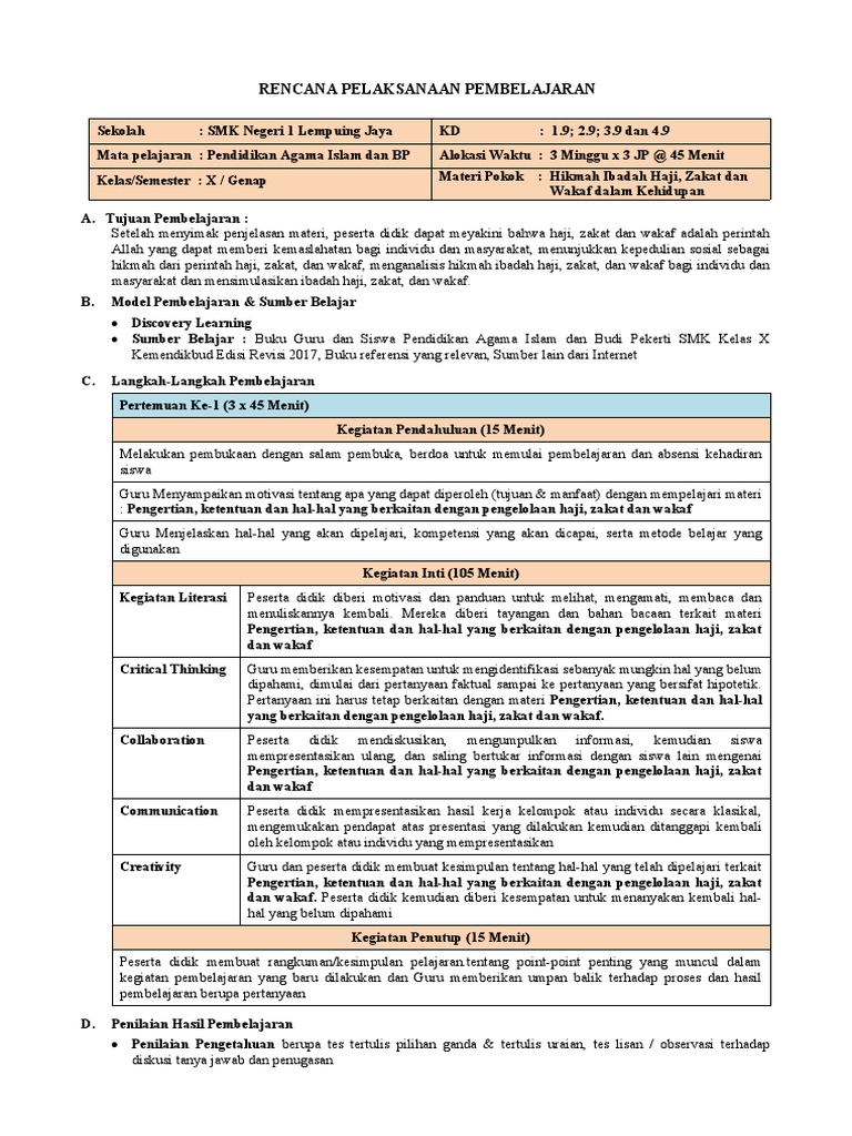 RPP Hikmah Ibadah Haji, Zakat Dan Wakaf SOFI | PDF | Karier & Perkembangan RPP Hikmah Ibadah Haji, Zakat Dan Wakaf SOFI | PDF | Karier & Perkembangan