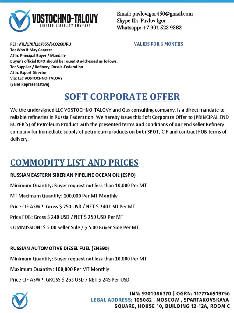 Vostochno LLC - SOFT CORPORATE OFFER | PDF | Letter Of Credit | Receipt