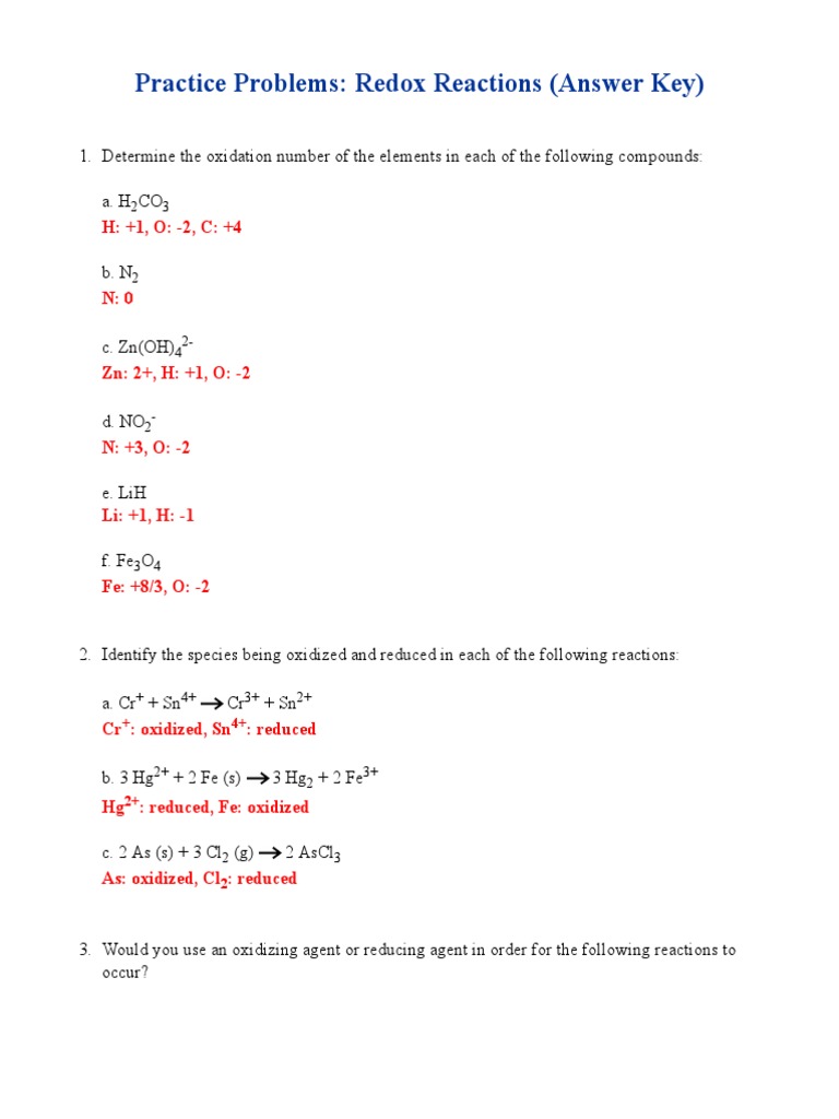Practice Problems - Redox Reactions (Answer Key) | PDF | Redox | Chemical Reactions