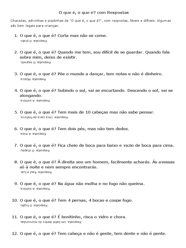 Charadas e adivinhas de 'O que é, o que é?' com respostas divertidas | PDF