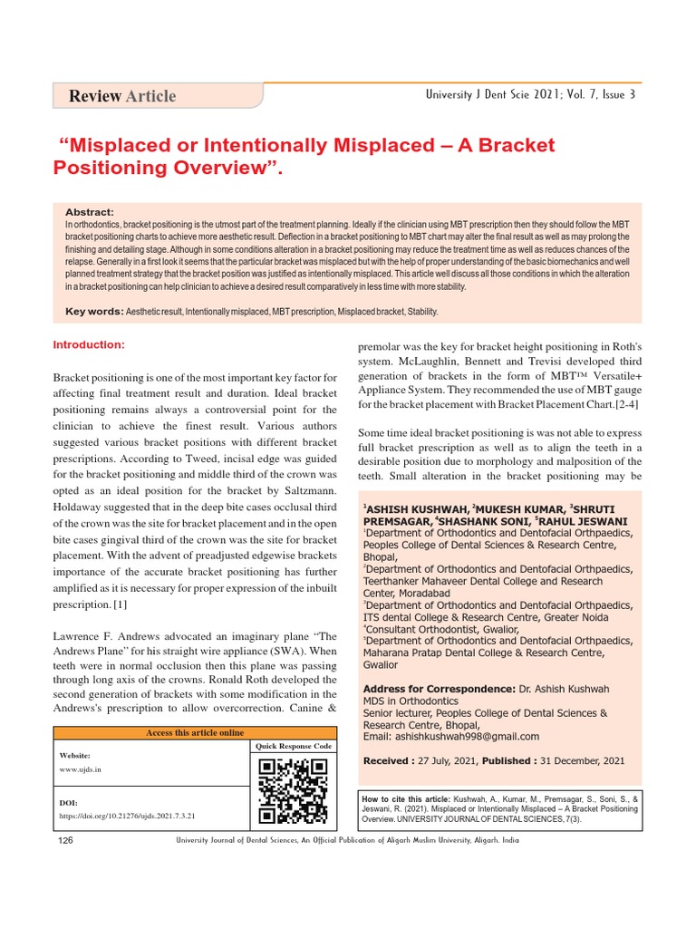 Journal - A Bracket Positioning Overview | PDF | Dentistry | Animal Anatomy