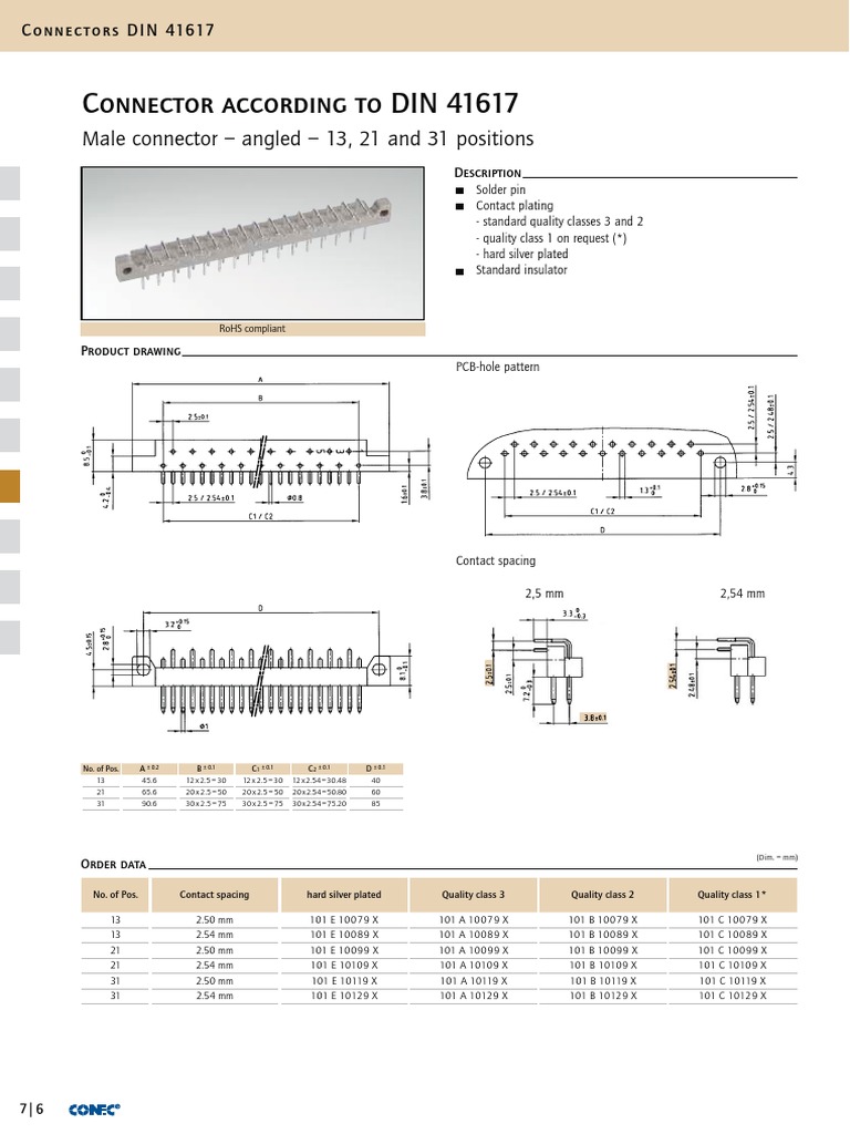 Connector According To DIN 41617: Male Connector - Angled - 13, 21 and 31 Positions | PDF ...