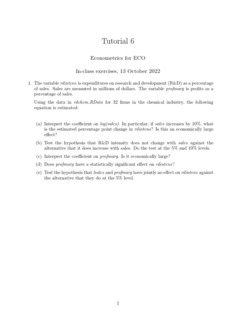 Econometrics For Eco 2022 Tutorial 6 Pdf F Test Coefficient Of