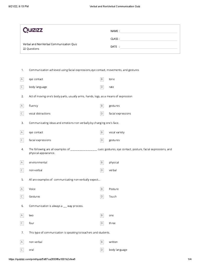 Verbal and NonVerbal Communication Quiz | PDF | Nonverbal Communication ...