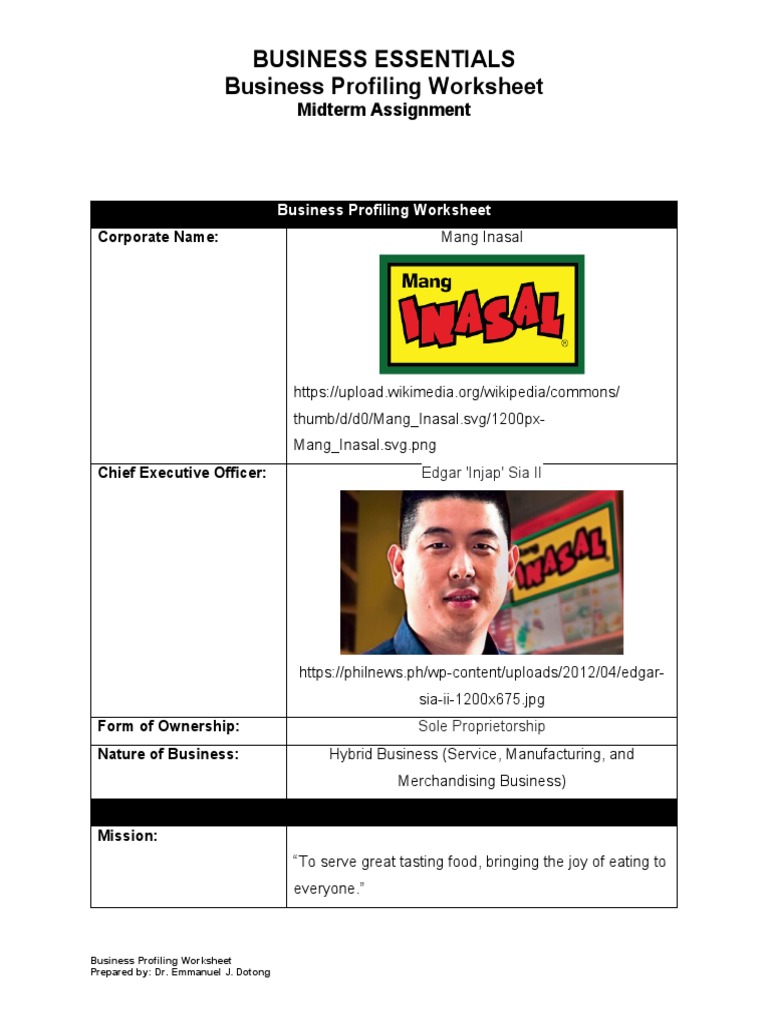 Business Profiling Worksheet | PDF | Fast Food Restaurants | Cooking