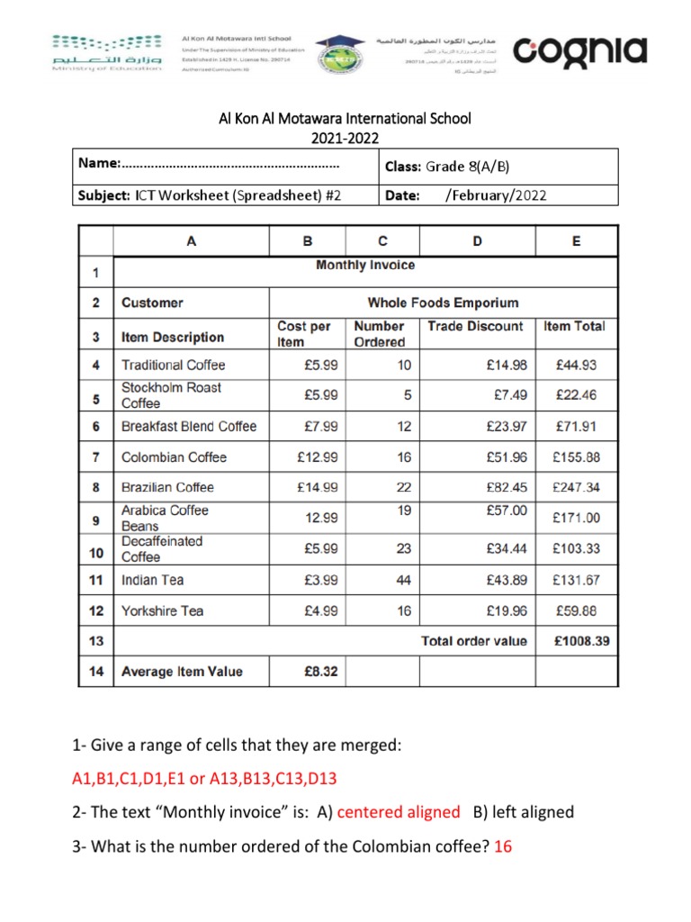 Spreadsheet Exercise #2 Answers | PDF