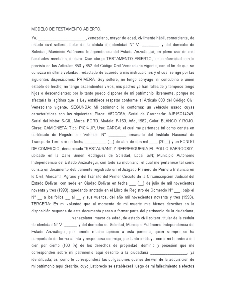 Modelo de Testamento Abierto | PDF | Voluntad y testamento | Justicia