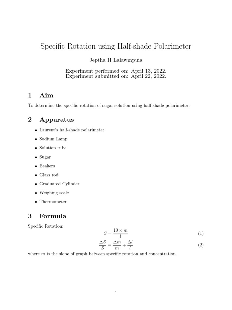 Specific Rotation Using Half Shade Polarimeter | PDF | Chemistry ...