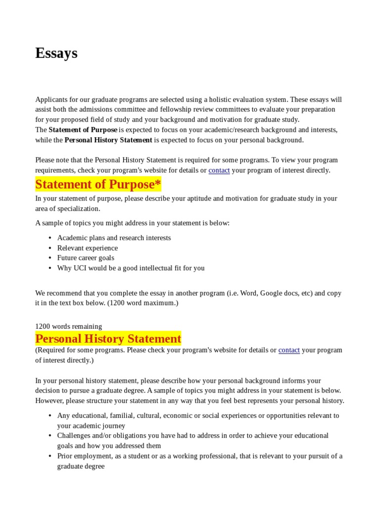 Personal History Statement Guidelines | PDF | Essays | Experience