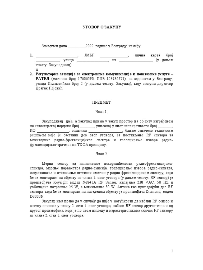 1 Ugovor o Zakupu Prostora Za RF Senzor - Fizicka Lica | PDF 1 Ugovor o Zakupu Prostora Za RF Senzor - Fizicka Lica | PDF