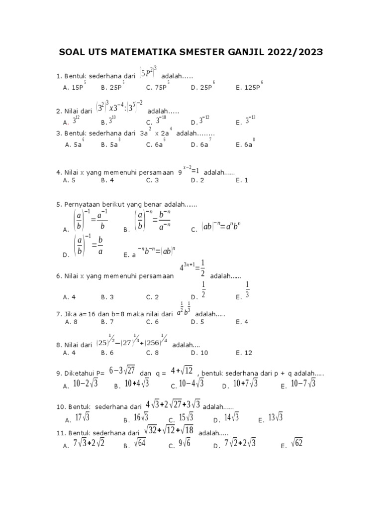 Soal UTS Matematika Ganjil 2022/2023 | PDF