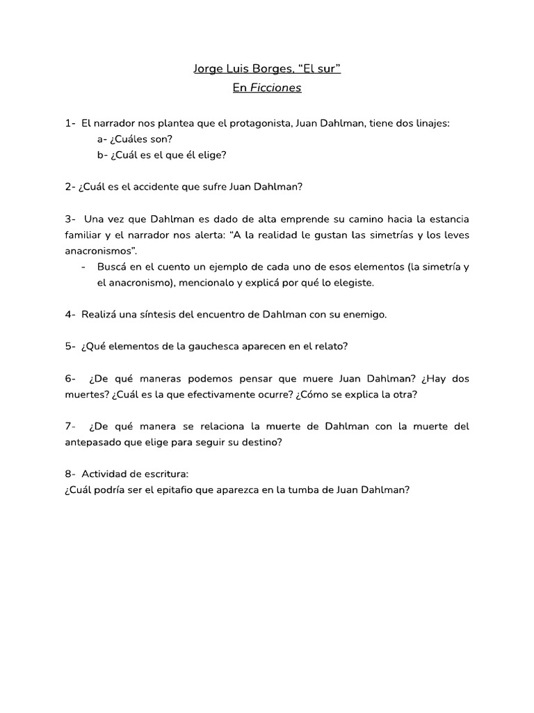 Actividades - Jorge Luis Borges, El Sur | PDF