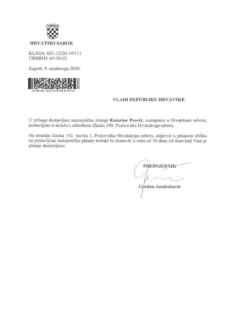 Zastupničko Pitanje Katarine Peović o Vinku Zulimu | PDF