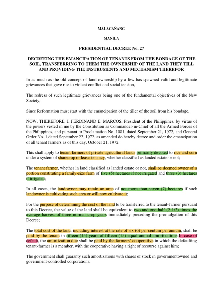 Presidential Decree No 27 1972 | PDF | Decree | Agriculture