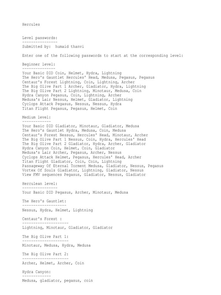 Hercules Level Passwords Guide | PDF | Young Adult
