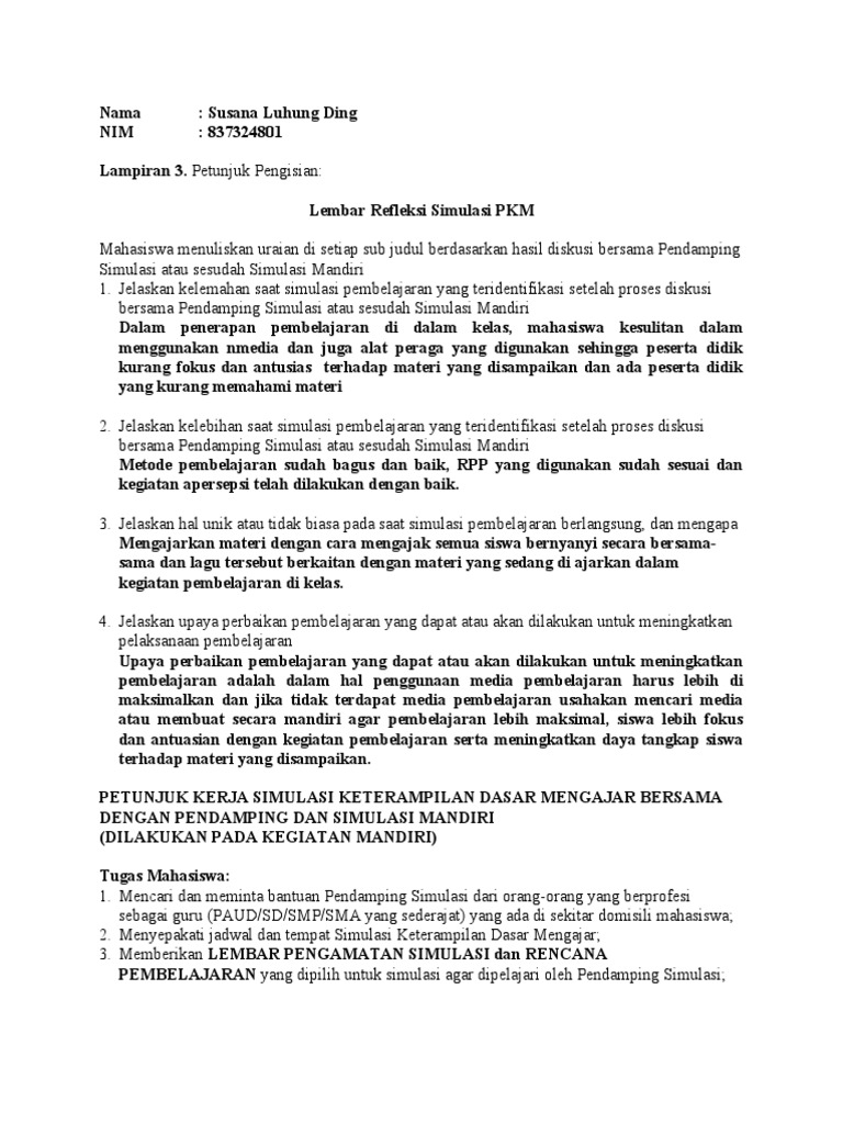 Lembar Refleksi Simulasi PKM Susana Luhung Ding | PDF | Karier & Perkembangan