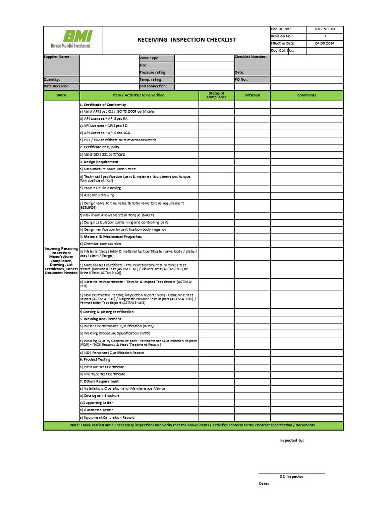 LOG-563-03 Receiving Inspection Checklist Rev.1 | PDF
