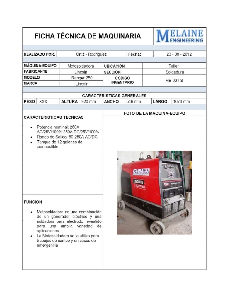 Ficha Tecnica Maquinaria de Soldar | PDF