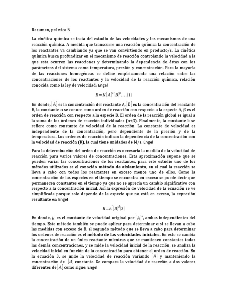 Resumen Practica 5 Cinética de Oxidación de Alcohol Bencílico | PDF | Reacciones químicas ...