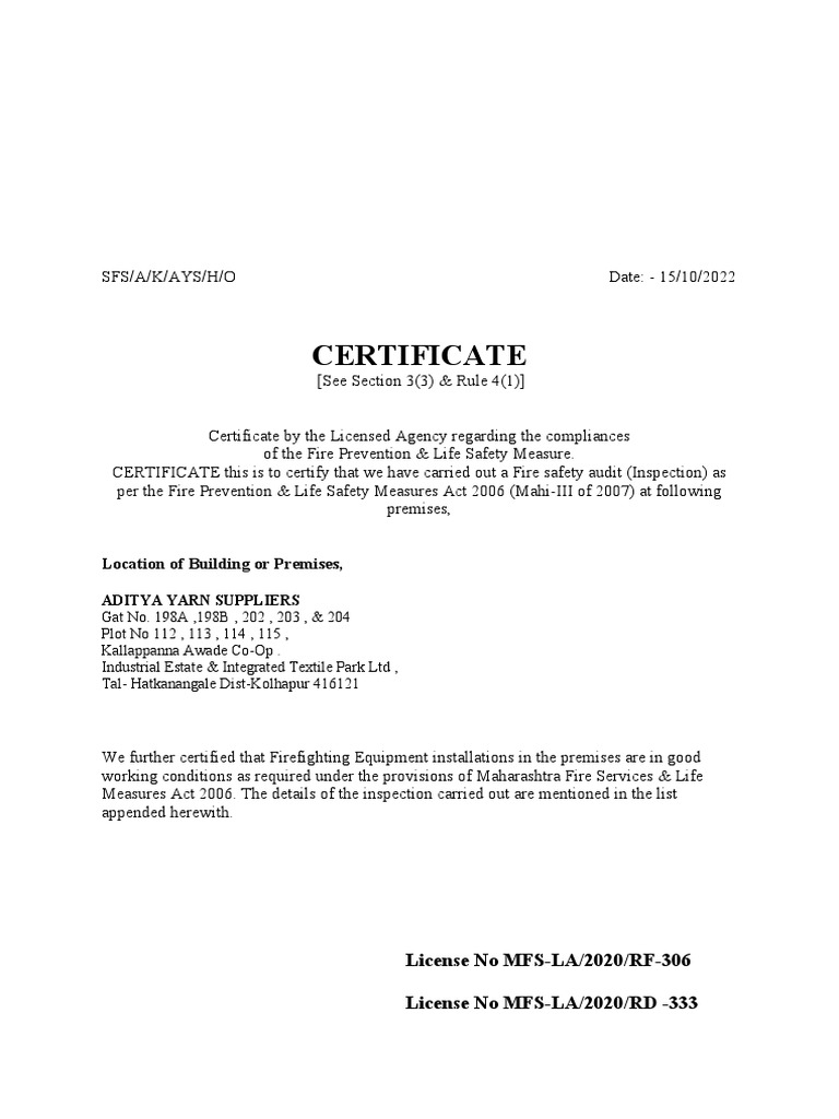 Certificate - Aditya Yarn Suppliers | PDF