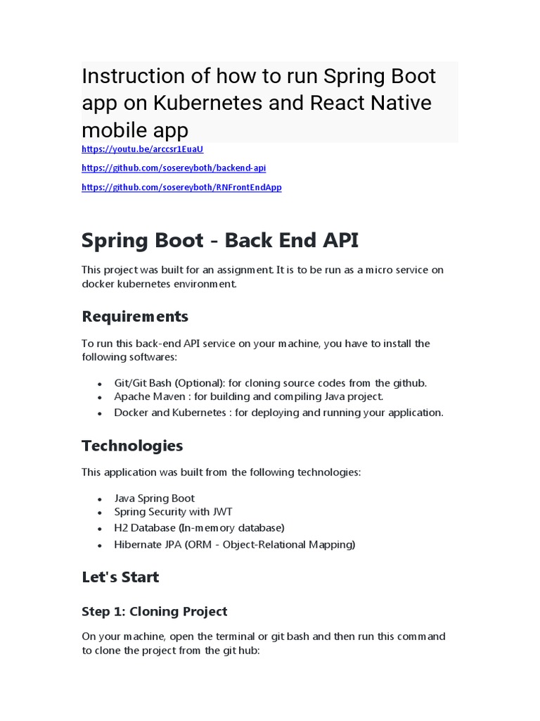 Kubernetes Deploy Mysql Spring Rest Api React Native App Instructions Pdf Mobile App Computing