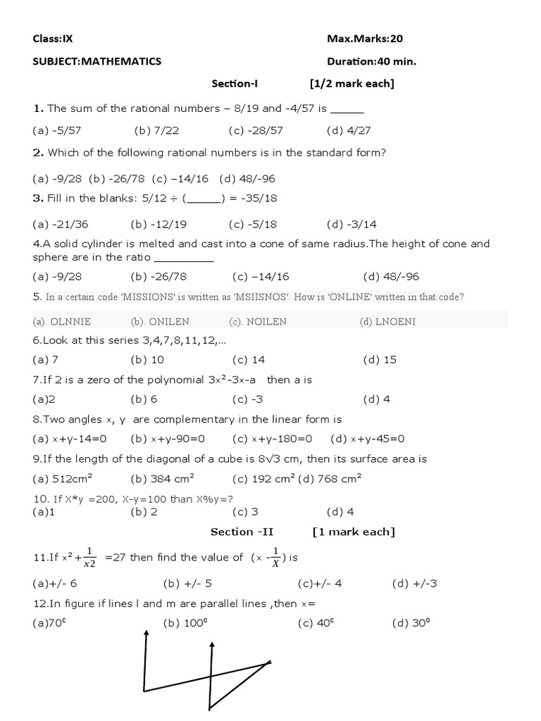 Class IX Math Quiz | PDF | Sphere | Euclidean Geometry