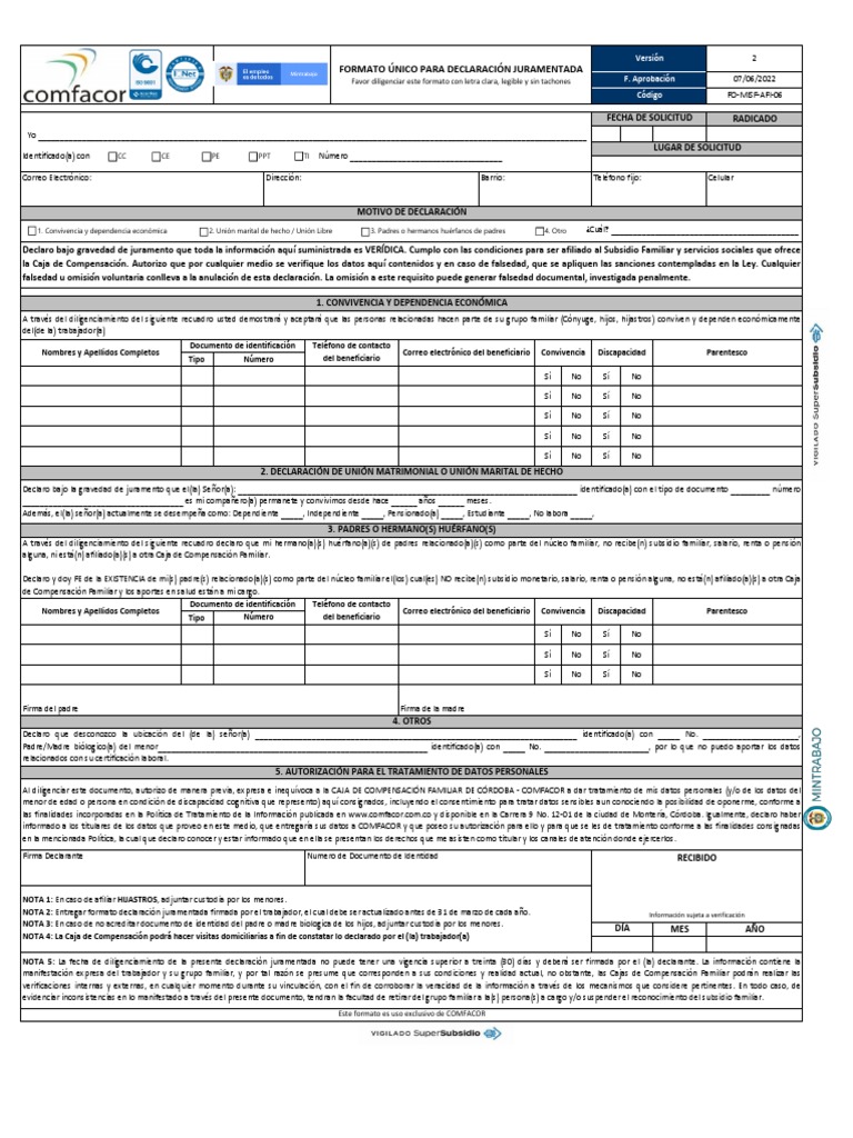 Formato Unico para Declaracion Juramentada | PDF