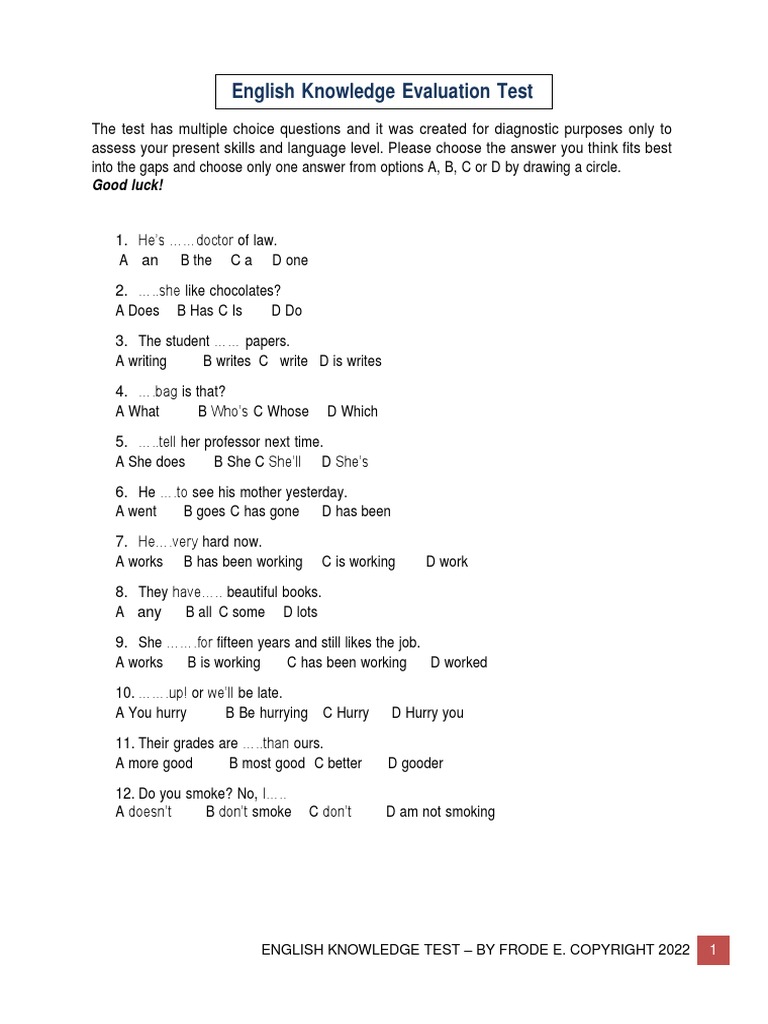 English Knowledge Evaluation Test 2022 | PDF