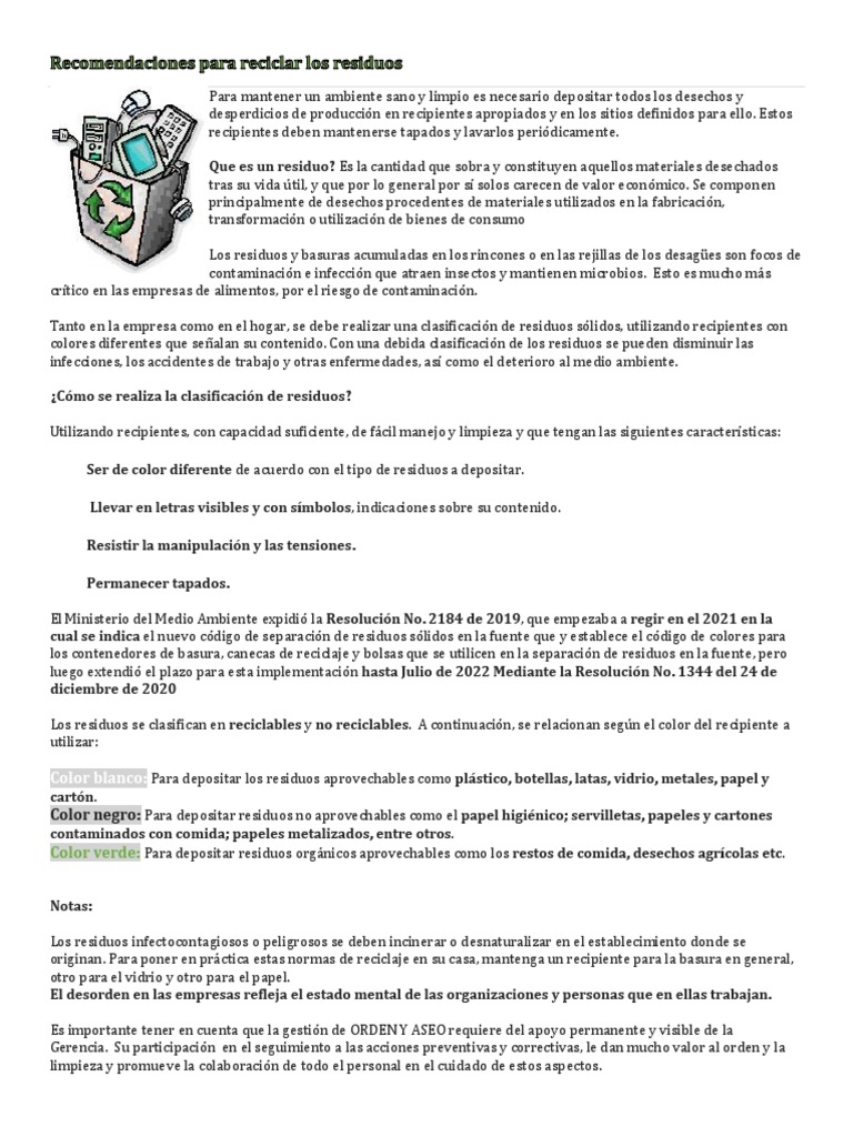 Recomendaciones para Reciclar Los Residuos | Descargar gratis PDF | Residuos | Reciclaje