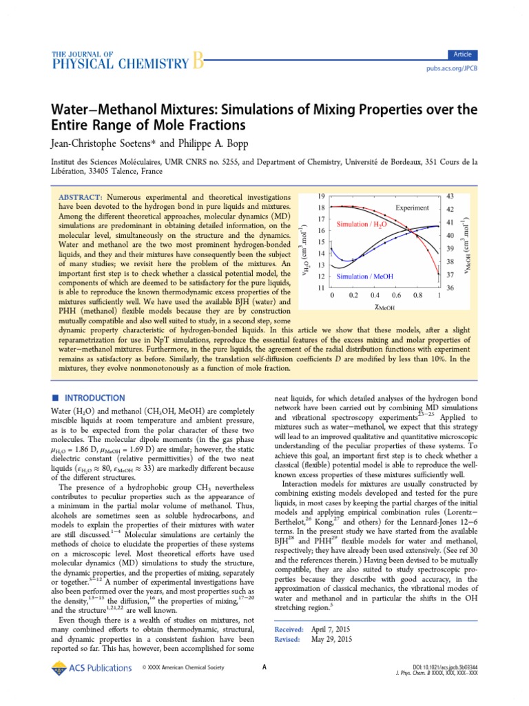 WaterMethanol Mixtures Simulations of Mixing Properties Over The | PDF ...