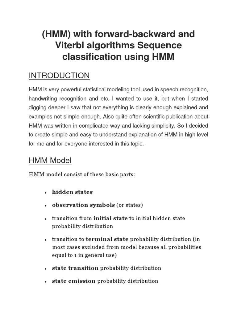 (HMM) With Forward-Backward and Viterbi Algorithms Sequence Classification Using HMM | PDF ...