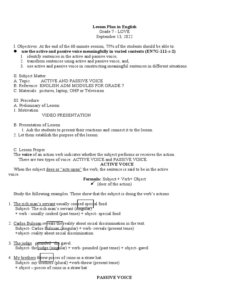 Active and Passive Voice Lesson Plan | PDF