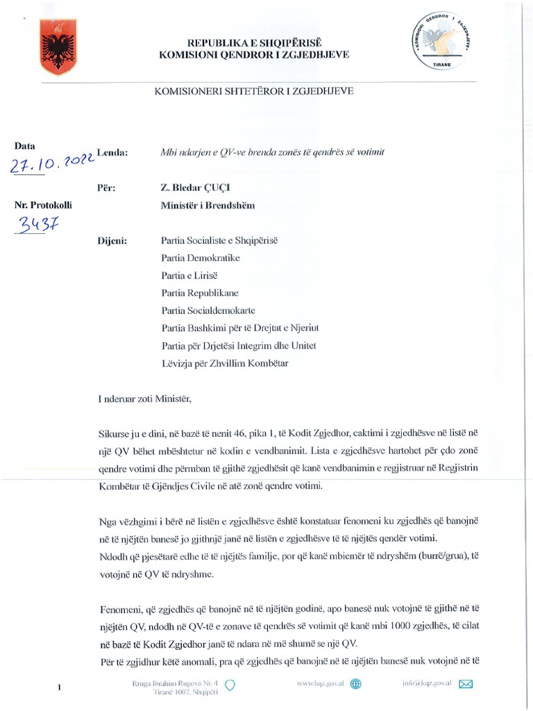 Shkresa e KQZ, Drejtuar Ministrise Se Brendshme | PDF