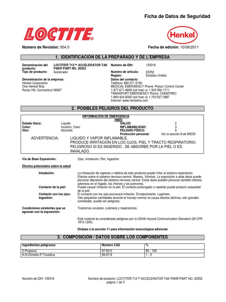 Hoja Seguridad 712 Loctite 15202370 | PDF