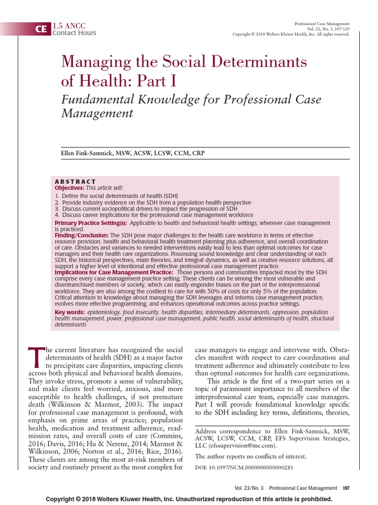 Managing The Social Determinants of Health Part 1 Fundamntal Knowlegde For Profesional Case ...
