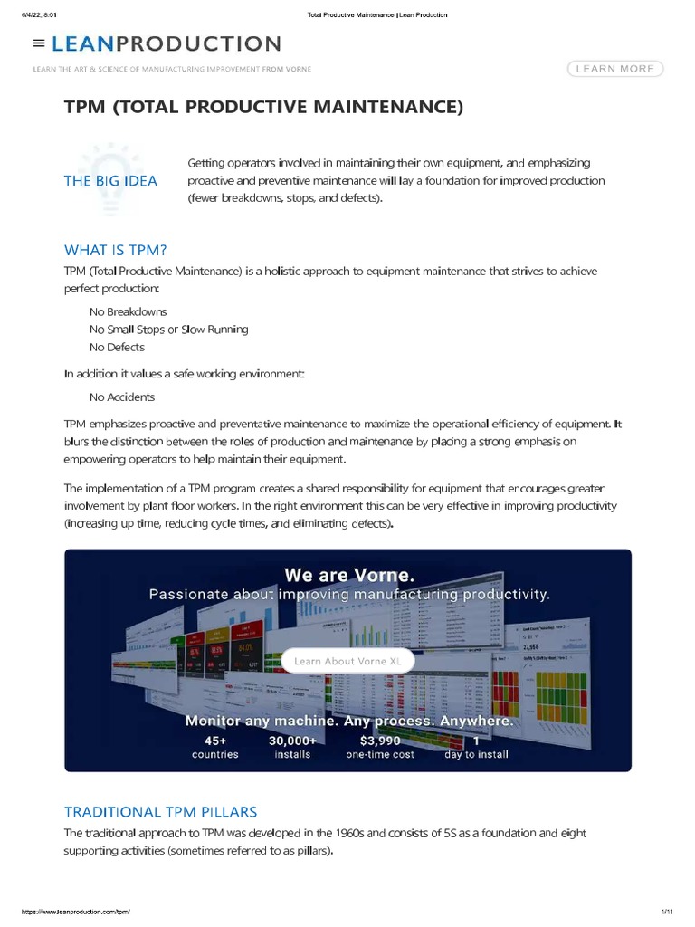 Total Productive Maintenance - Lean Production | PDF