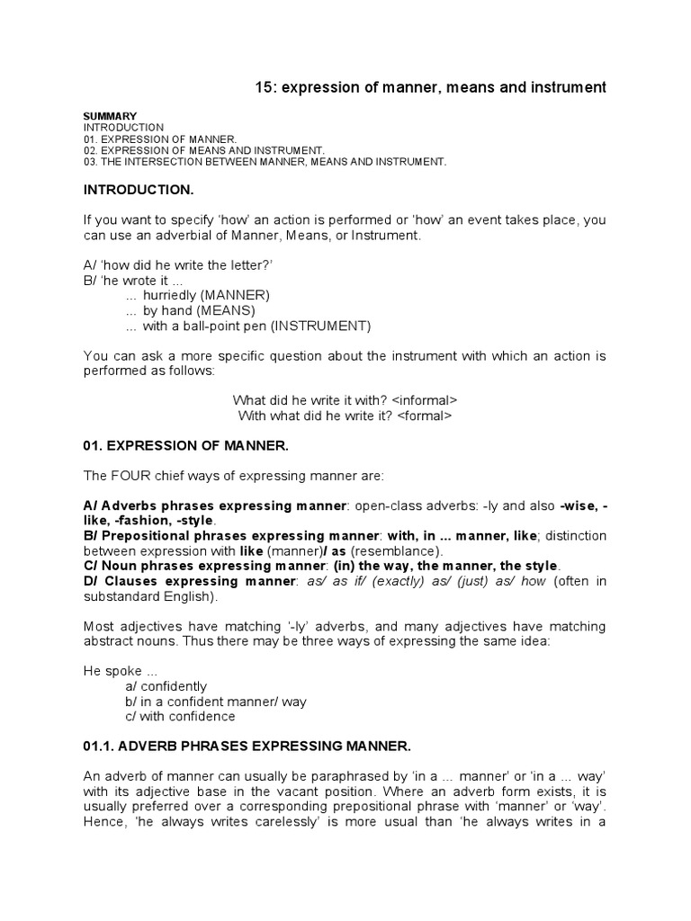 15 Manner, Means and Instrument | PDF | Adverb | Adjective