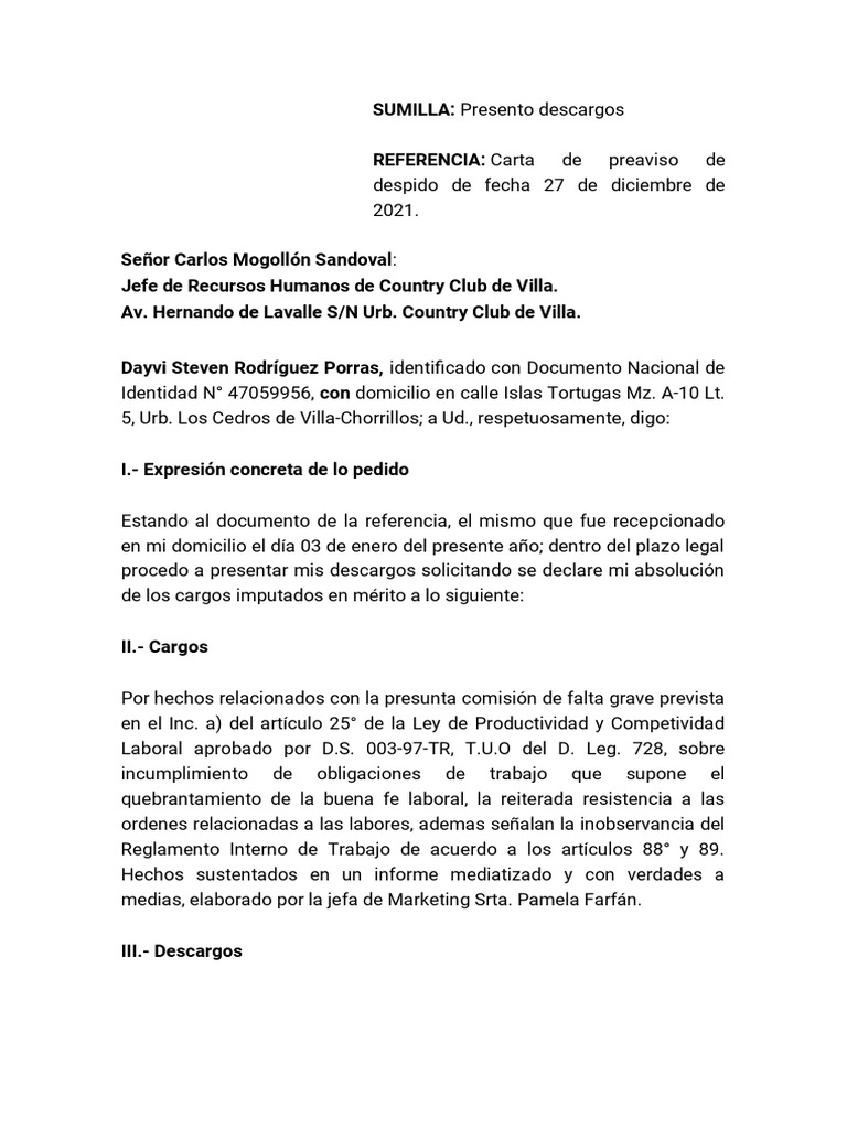 Steven Carta de Descargo Laboral | PDF