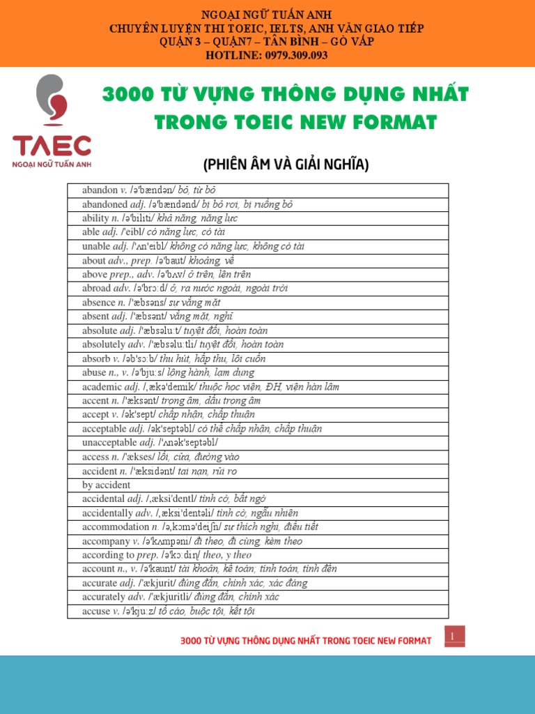 (Full) 3000 TỪ THÔNG DỤNG NHẤT TRONG TOEIC NEW FORMAT | PDF