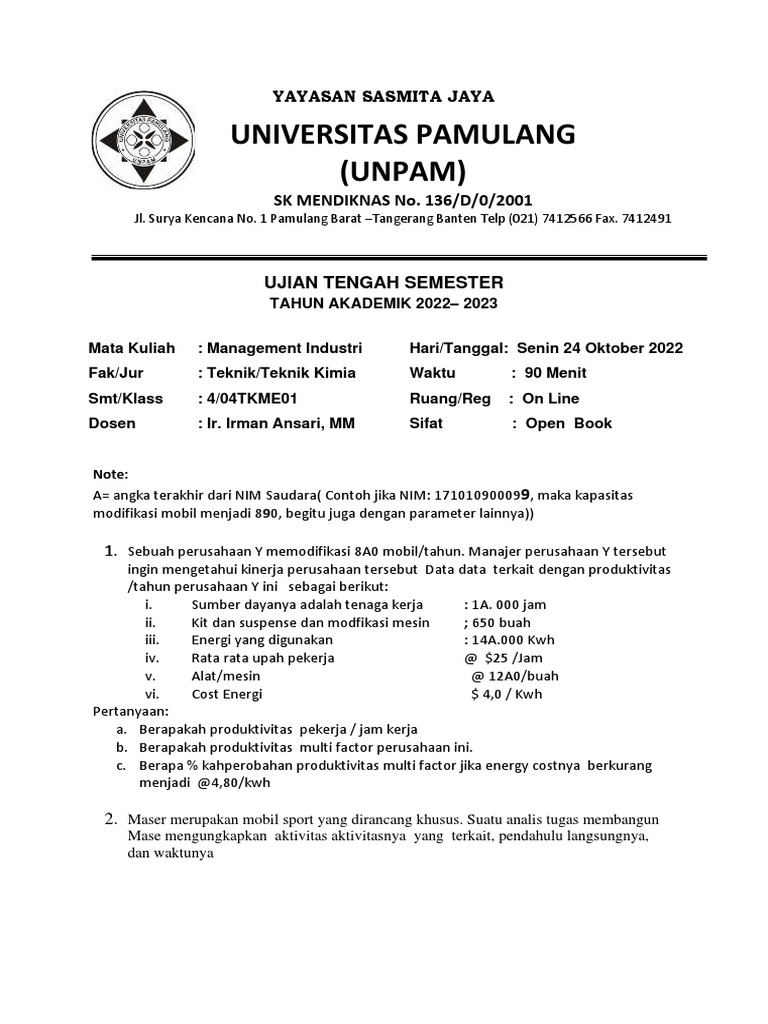 Uts Management Industri - Fikri Hidayat - 201010950009 | PDF
