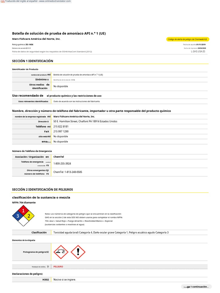 Api Ammonia Test Kit Solution 1 Safety Data Sheet - En.es | PDF ...