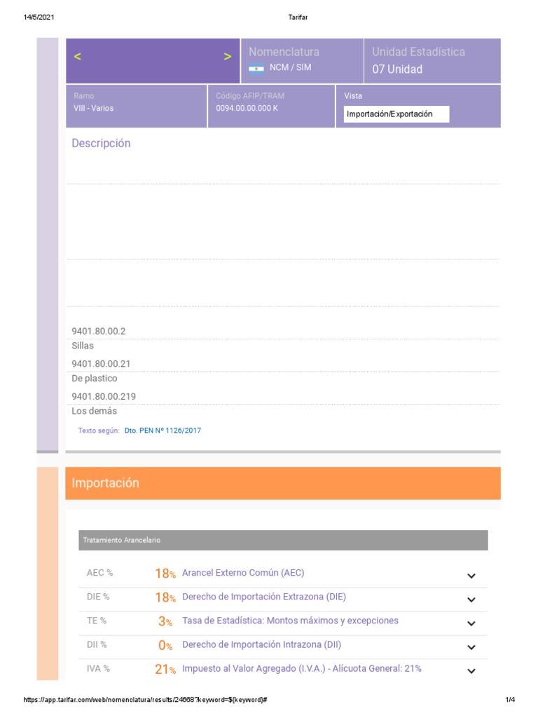 SILLAS TRATAMIENTO ARANCELARIO Tarifar | PDF