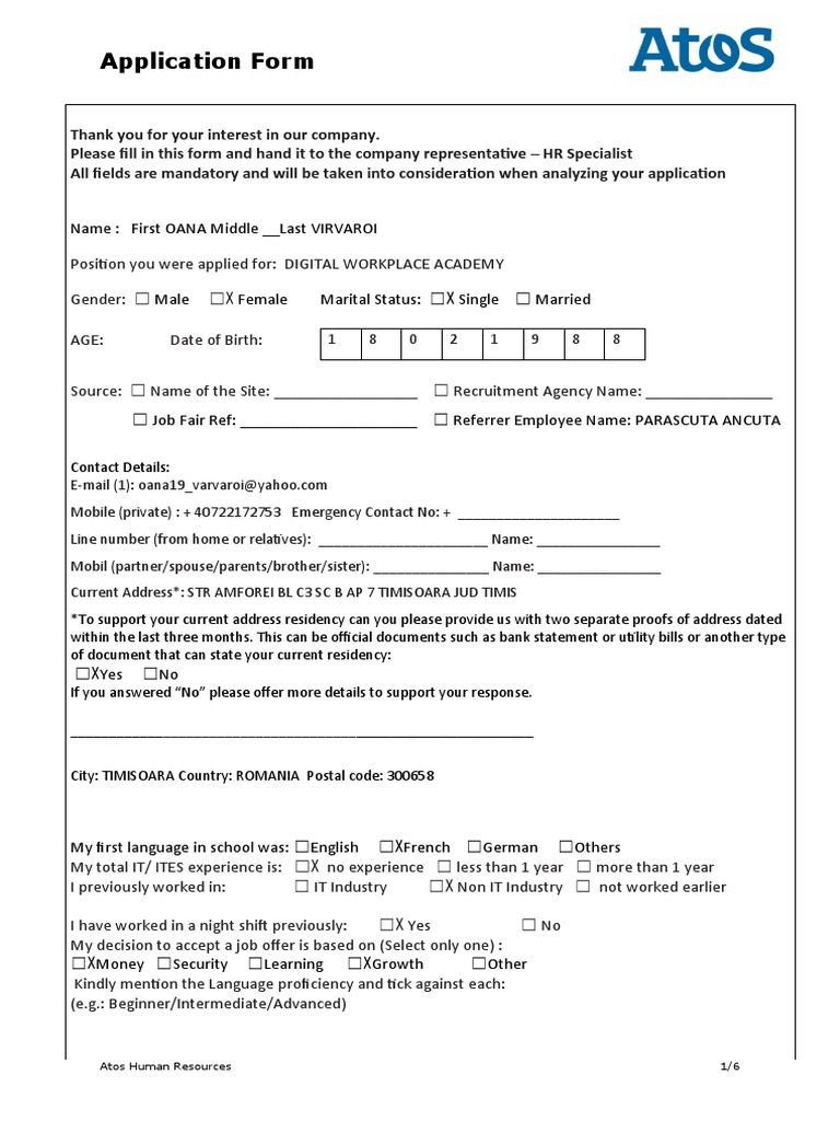 Application Form Atos Complete | PDF