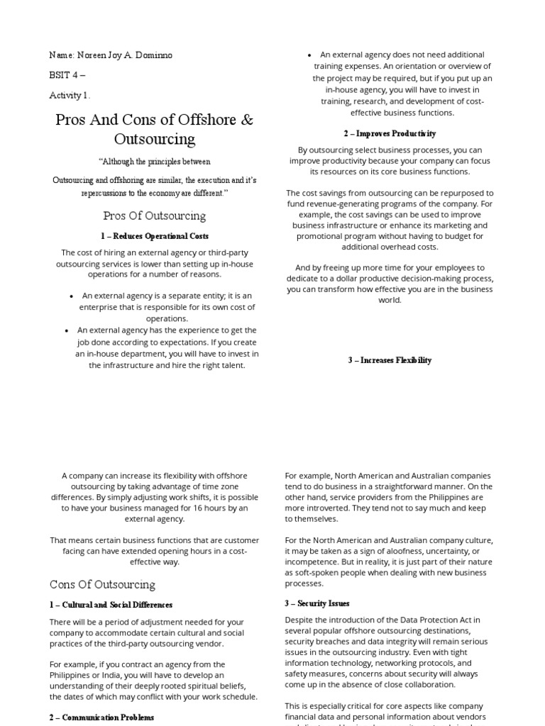 Pros and Cons of Offshore Outsourcing | PDF