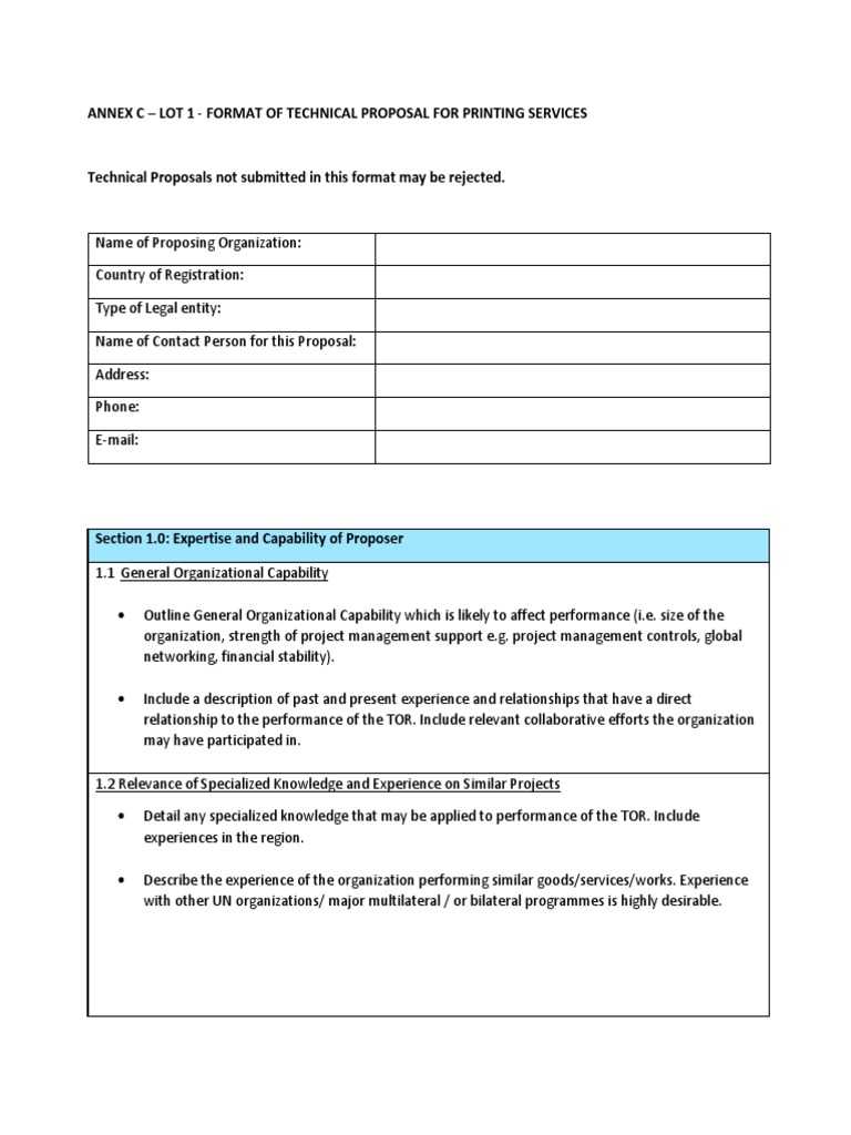 ANNEX C - LOT 1 - Format of Technical Proposal For Printing Services | PDF