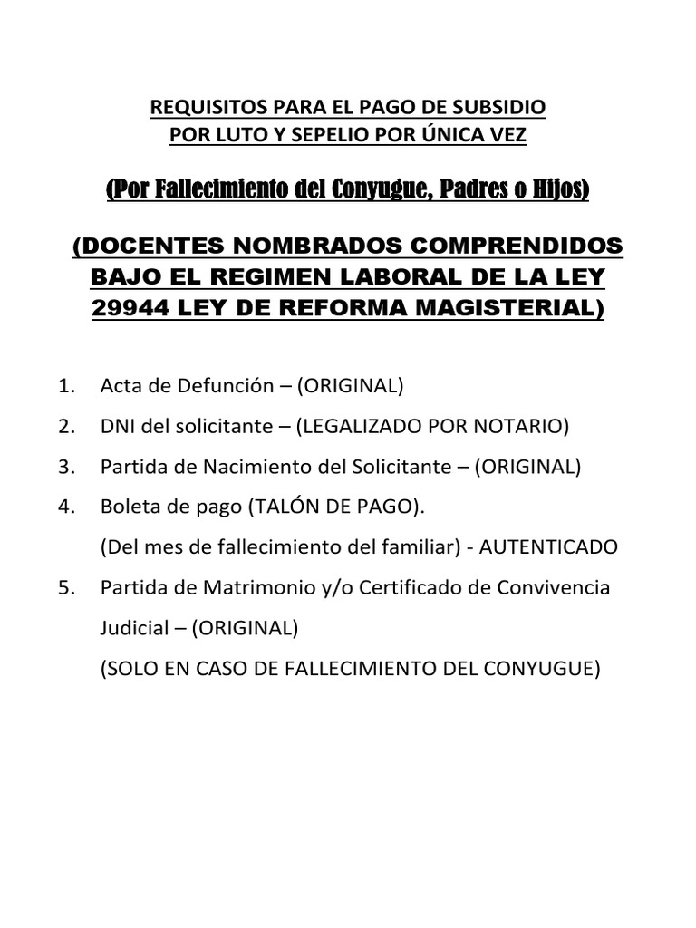Requisitos Por Subsidio Por Luto y Gastos de Sepelio Ley 29944 | PDF
