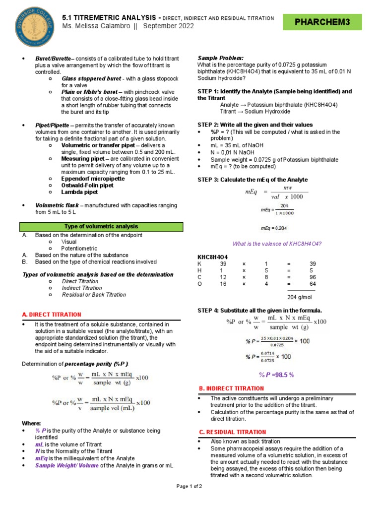 Direct, Indirect, and Residual Titration | PDF | Titration | Chemistry