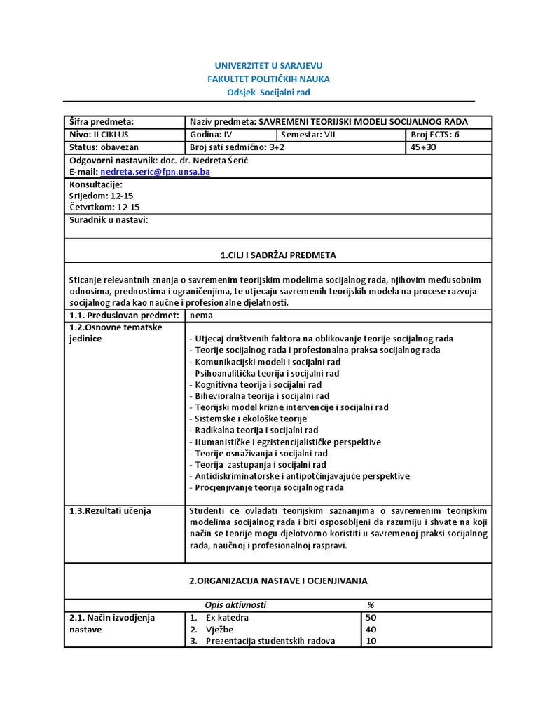 VII MA Savremeni Teorijski Modeli Socijalnog Rada SYLLABUS | PDF
