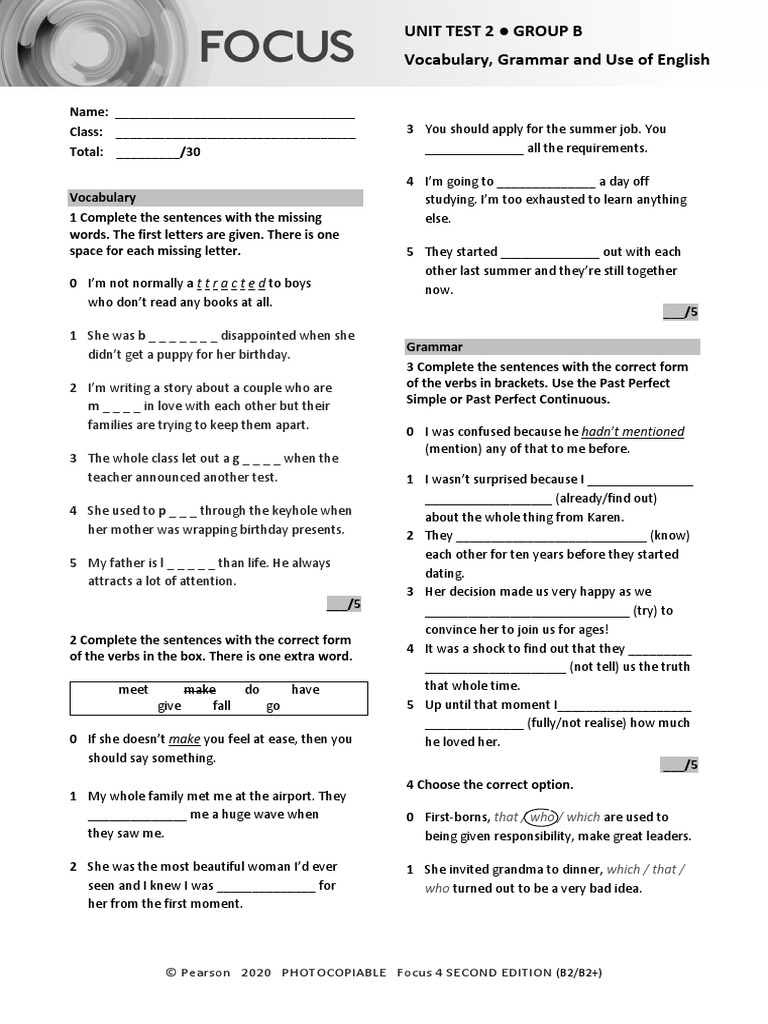 Focus4 2E Unit Test Vocabulary Grammar UoE Unit2 GroupB | PDF | English ...