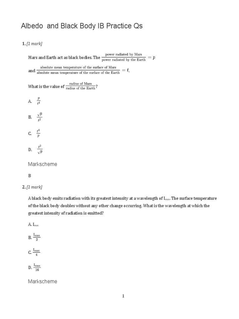 Albedo and Black Body Ib Practice Qs Markscheme | PDF | Sun | Earth